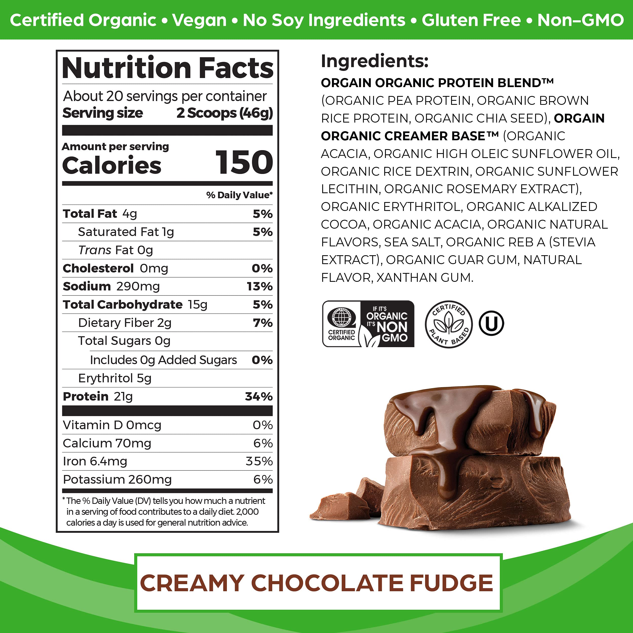 Orgain Organic Vegan Protein Powder (Peanut Butter, Creamy Chocolate Fudge) - 21g Plant Based Protein | Gluten Free | Dairy Free | No Sugar Added