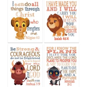 Lion King Christian Nursery Decor Set of 4 Prints - Mufasa, Pumba, Simba and Rafiki with Bible Verses