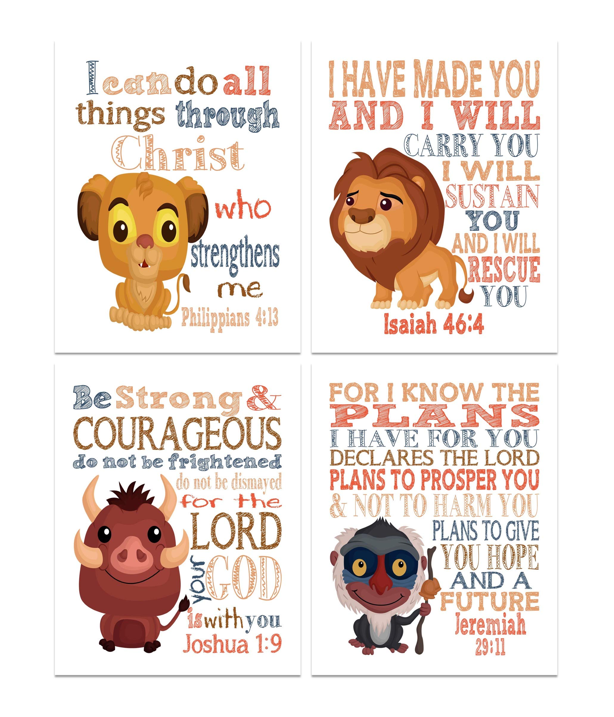 Lion King Christian Nursery Decor Set of 4 Prints - Mufasa, Pumba, Simba and Rafiki with Bible Verses