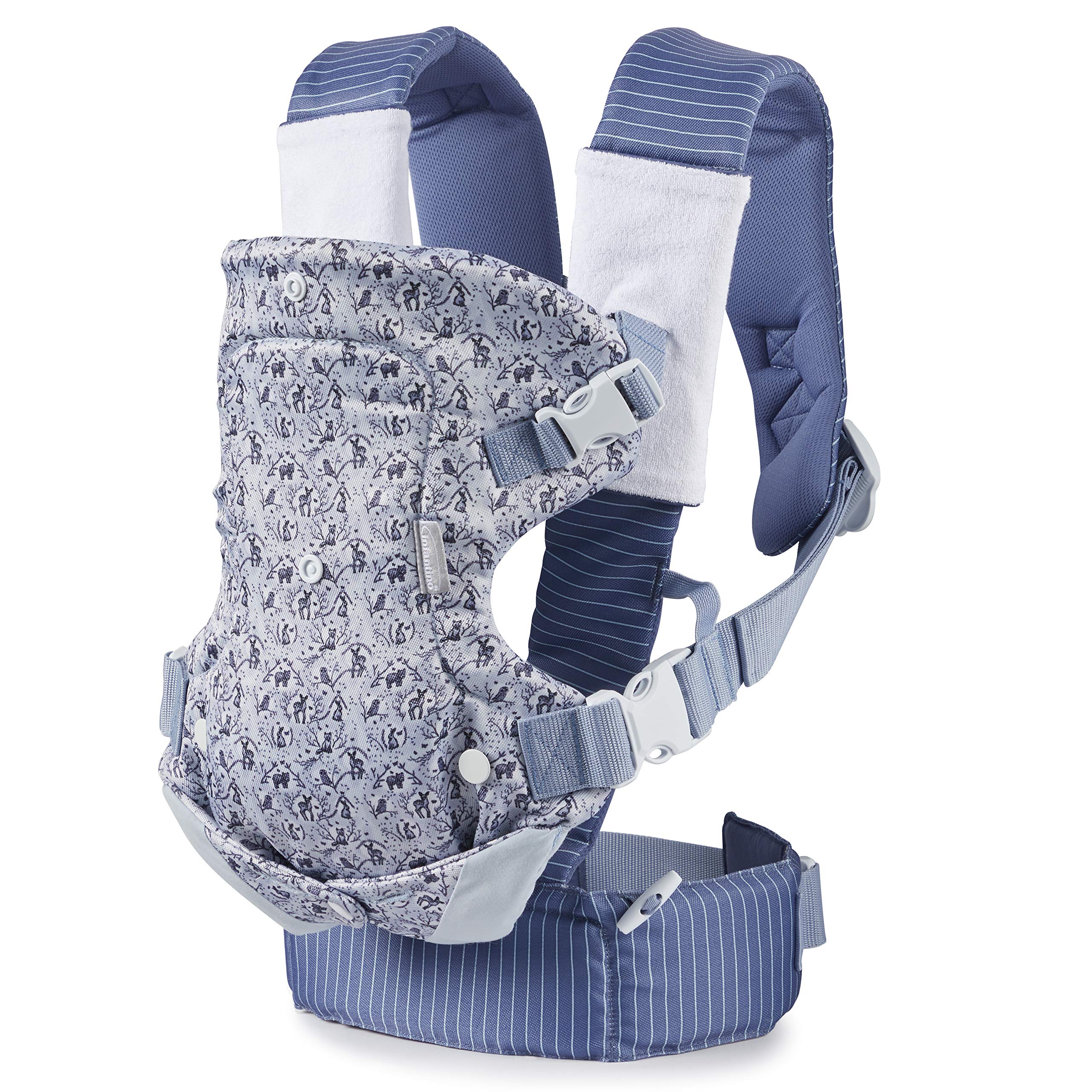 Infantino Limited Edition Flip 4-in-1 Baby Carrier | Woodland Toile 4-Position Infant Carrier with (2) Terry Cloth Strap Wraps & (1) Muslin Bib/Slip Cloth. Machine Washable., Blue