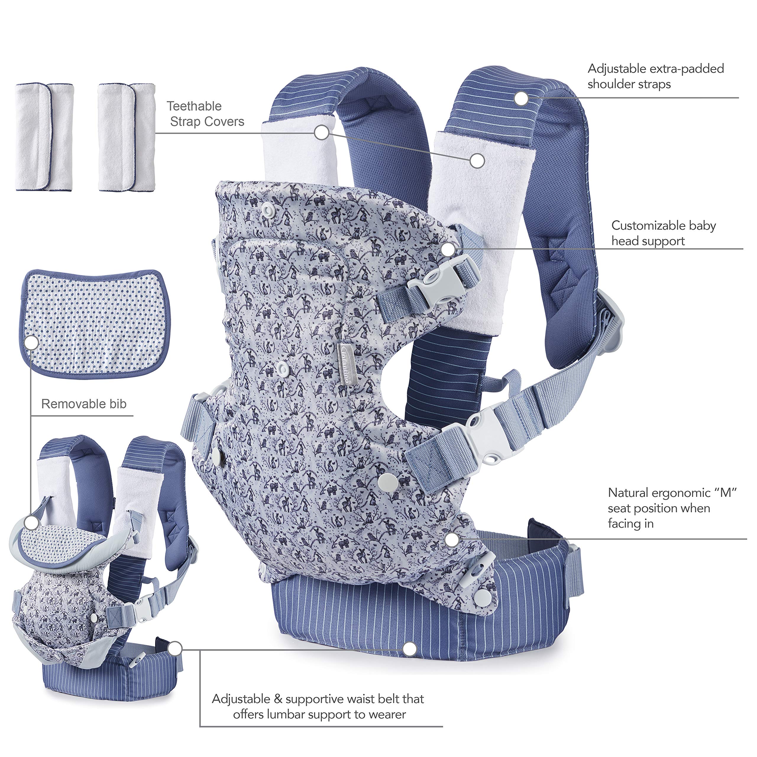 Infantino Limited Edition Flip 4-in-1 Baby Carrier | Woodland Toile 4-Position Infant Carrier with (2) Terry Cloth Strap Wraps & (1) Muslin Bib/Slip Cloth. Machine Washable., Blue