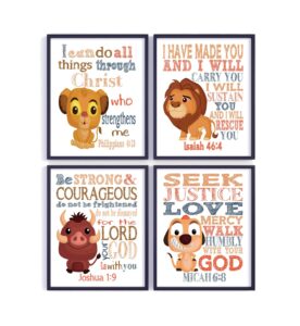 lion king christian nursery set of 4 unframed prints - mufasa, pumba, simba and timon with bible verses