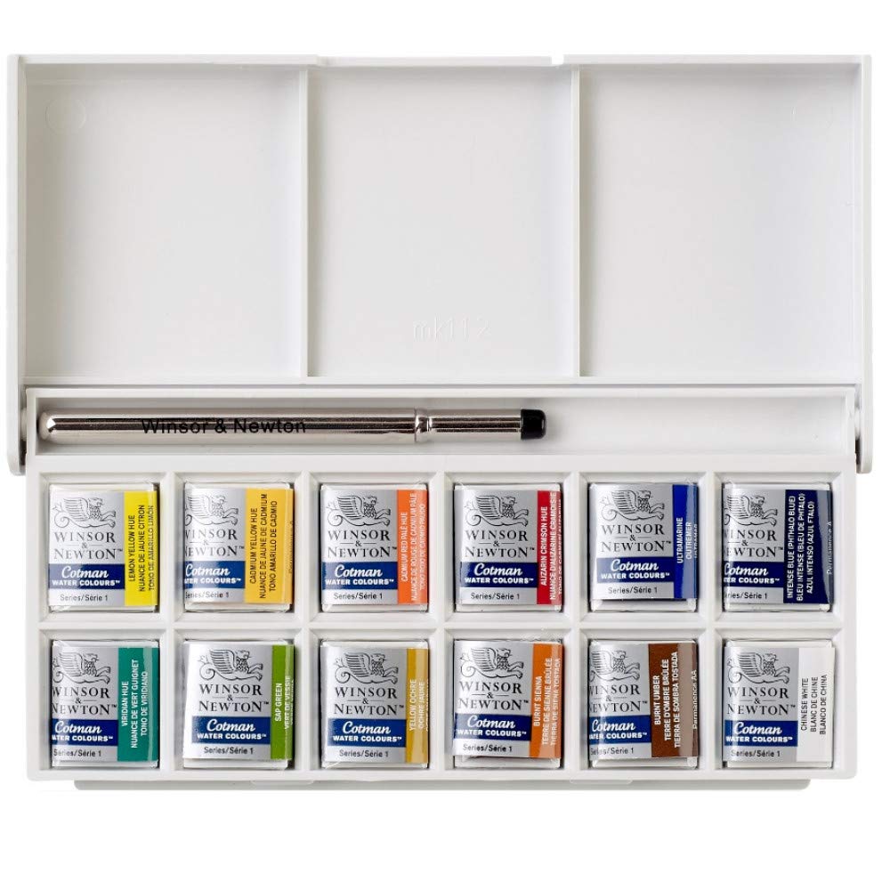 Winsor & Newton Cotman Water Colour Paint Sketchers' Pocket Box, Half Pans, 13 count (12 colors and a brush) and Cotman Short Handle Brush (4 Pack) (Round 1, 4, & 6, One Stroke 3/8")