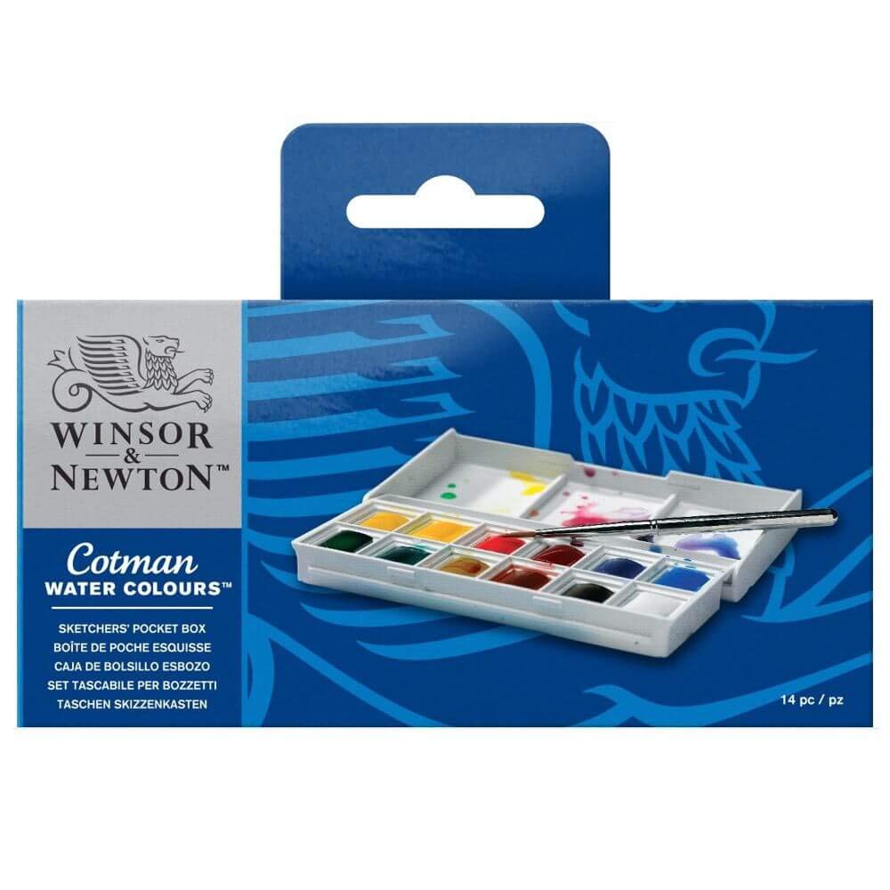 Winsor & Newton Cotman Water Colour Paint Sketchers' Pocket Box, Half Pans, 13 count (12 colors and a brush) and Cotman Short Handle Brush (4 Pack) (Round 1, 4, & 6, One Stroke 3/8")