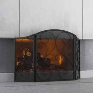 fire beauty fireplace screen 3 panel wrought iron metal 48"(l) x30(h) spark guard cover(black)