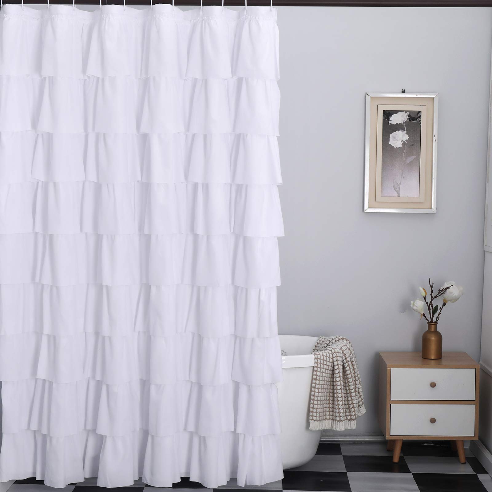 GARSTYLE White Ruffle Fabric Shower Curtain for Bathroom | Farmhouse Style 72’’x72’’