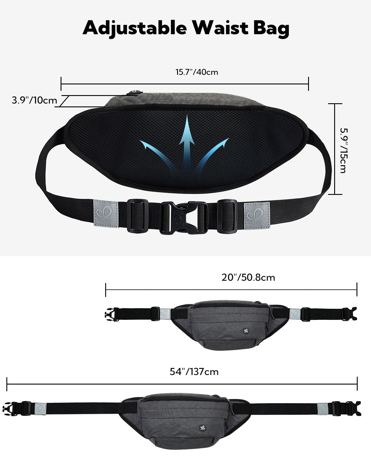 WATERFLY Fanny Pack for Men Women Water Resistant Large Hiking Waist Bag Pack Carrying All Phones for Running Walking Traveling Grey