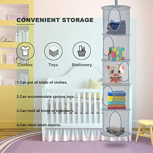 Libeder Mesh Hanging Storage Space Saver Bags Organizer,Foldable Storage Organizer 5 Compartments Toy Storage Basket for Kids Room Bathroom 2 Sets Grey