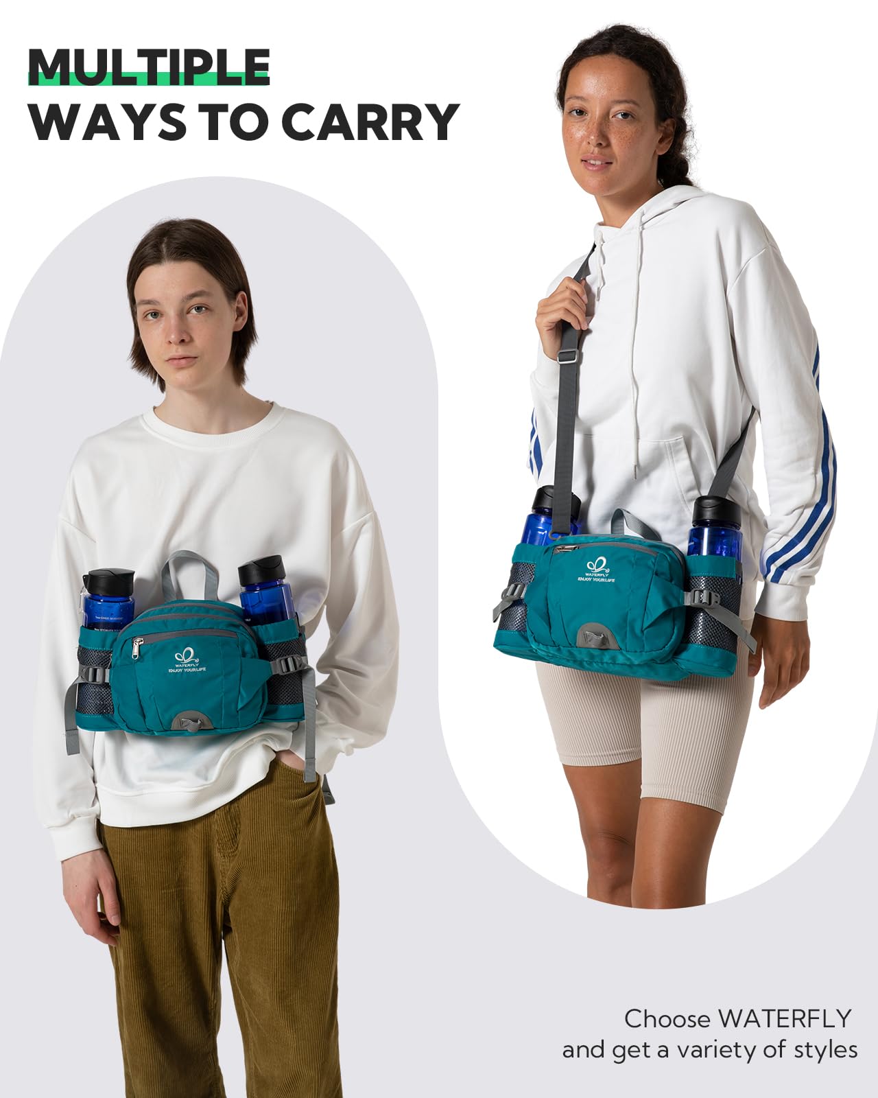 WATERFLY Fanny Pack Waist Bag: Fannie Pack 2 Water Bottle Holders Lumbar Belt Hiking Walking Running Jogging Camping Large Woman Man (Bottle Not Included)