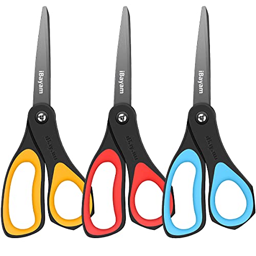 Scissors, iBayam 3 Pack 8" All Purpose Nonstick Scissors, 2.5MM Thickness Titanium Blades with Comfort Grip, Heavy Duty Scissors for Office School Home Classroom General Use Art and Craft DIY Supplies