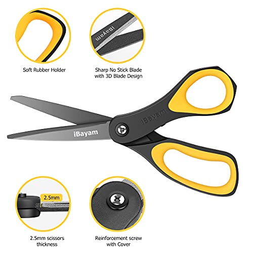 Scissors, iBayam 3 Pack 8" All Purpose Nonstick Scissors, 2.5MM Thickness Titanium Blades with Comfort Grip, Heavy Duty Scissors for Office School Home Classroom General Use Art and Craft DIY Supplies