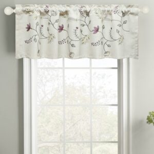 leeva purple floral valance for windows bedroom, embroidery blossoms faux linen light filtering valances for cafe bathroom, 52 x 18, rod pocket