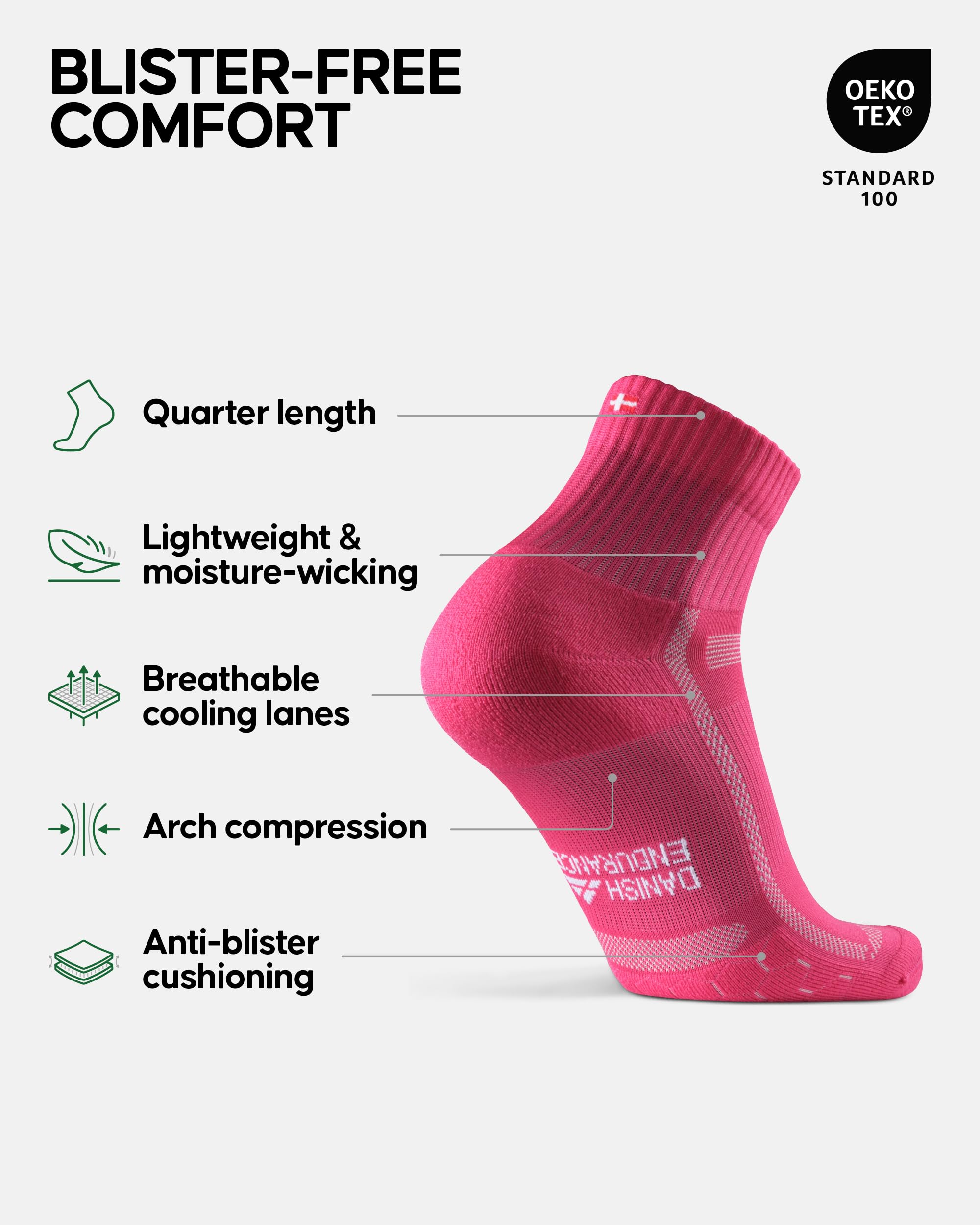 DANISH ENDURANCE 3 Pack Running Socks for Long Distances, Quarter, Men & Women, Multicolor (1x Black, 1x Pink, 1x White), US Women 8-10 // US Men 6.5-8.5