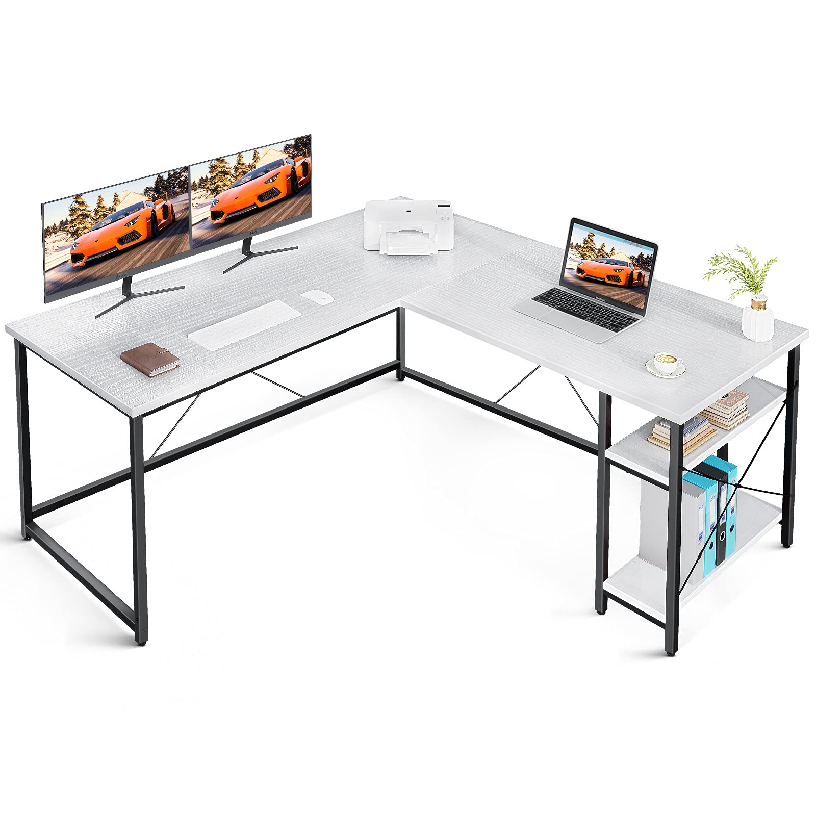 Coleshome 55" L Shaped Computer Desk with Storage Shelves, Gaming L Desk, Writing Workstation for Home Office, Space-Saving Corner Table, Easy to Assemble, White