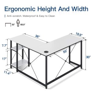 Coleshome 55" L Shaped Computer Desk with Storage Shelves, Gaming L Desk, Writing Workstation for Home Office, Space-Saving Corner Table, Easy to Assemble, White