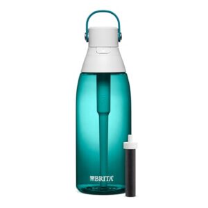 brita hard-sided plastic premium filtering water bottle, bpa-free, reusable, replaces 300 plastic water bottles, filter lasts 2 months or 40 gallons, includes 1 filter, sea glass - 36 oz.