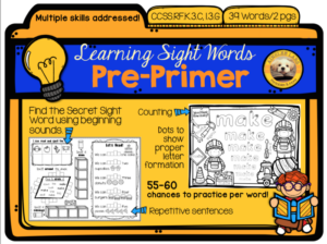 learning sight words: pre-primer packet