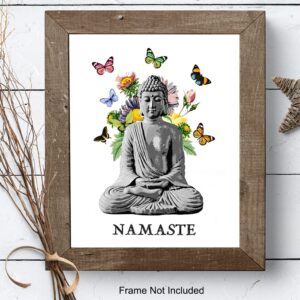 Namaste Buddhism Buddha Statue Wall Art Print - 8x10 Photo, Home Decor, Meditation Room, Spa or Yoga Studio Decoration - Boho Zen New Age Gift - Unframed Butterfly Poster Picture