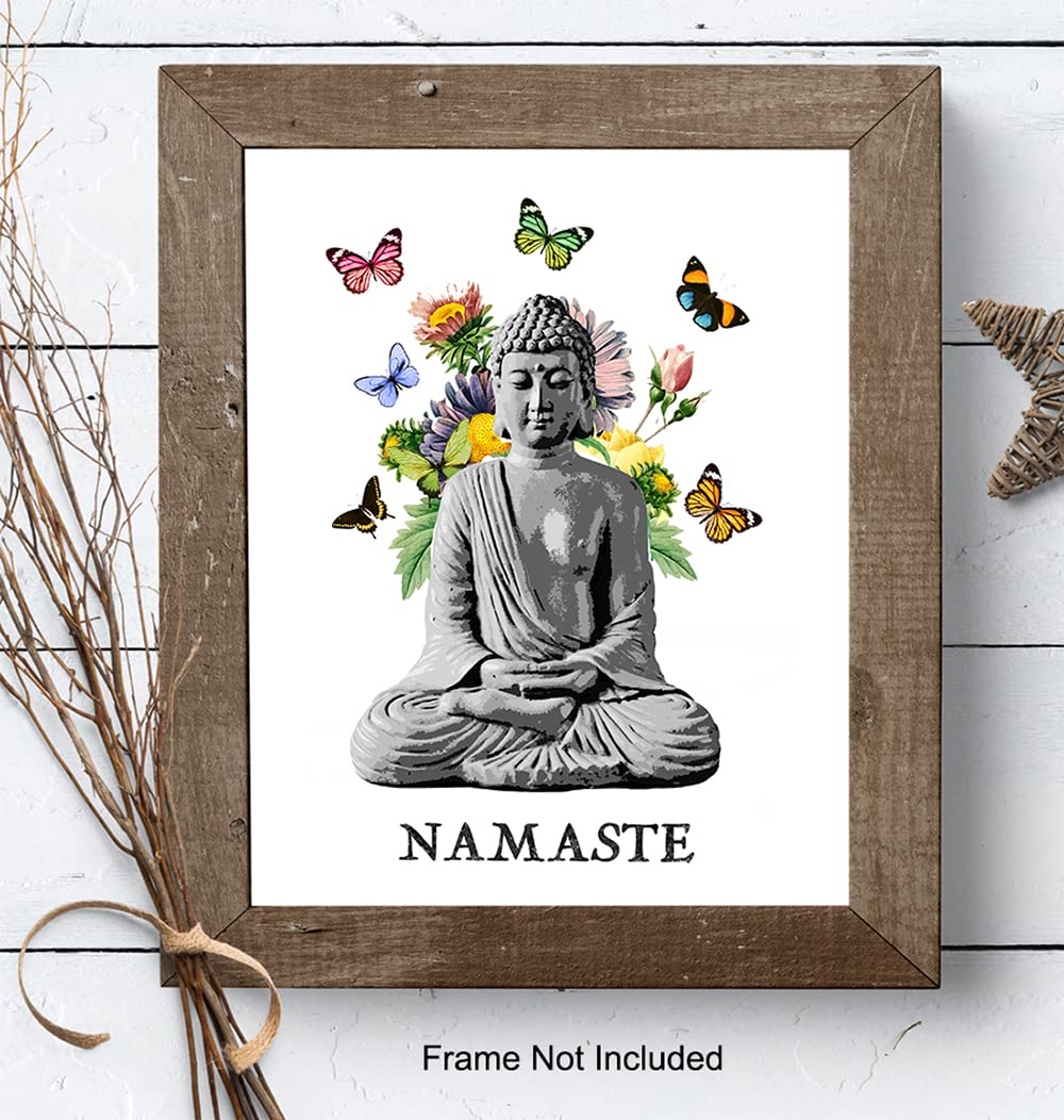 Namaste Buddhism Buddha Statue Wall Art Print - 8x10 Photo, Home Decor, Meditation Room, Spa or Yoga Studio Decoration - Boho Zen New Age Gift - Unframed Butterfly Poster Picture