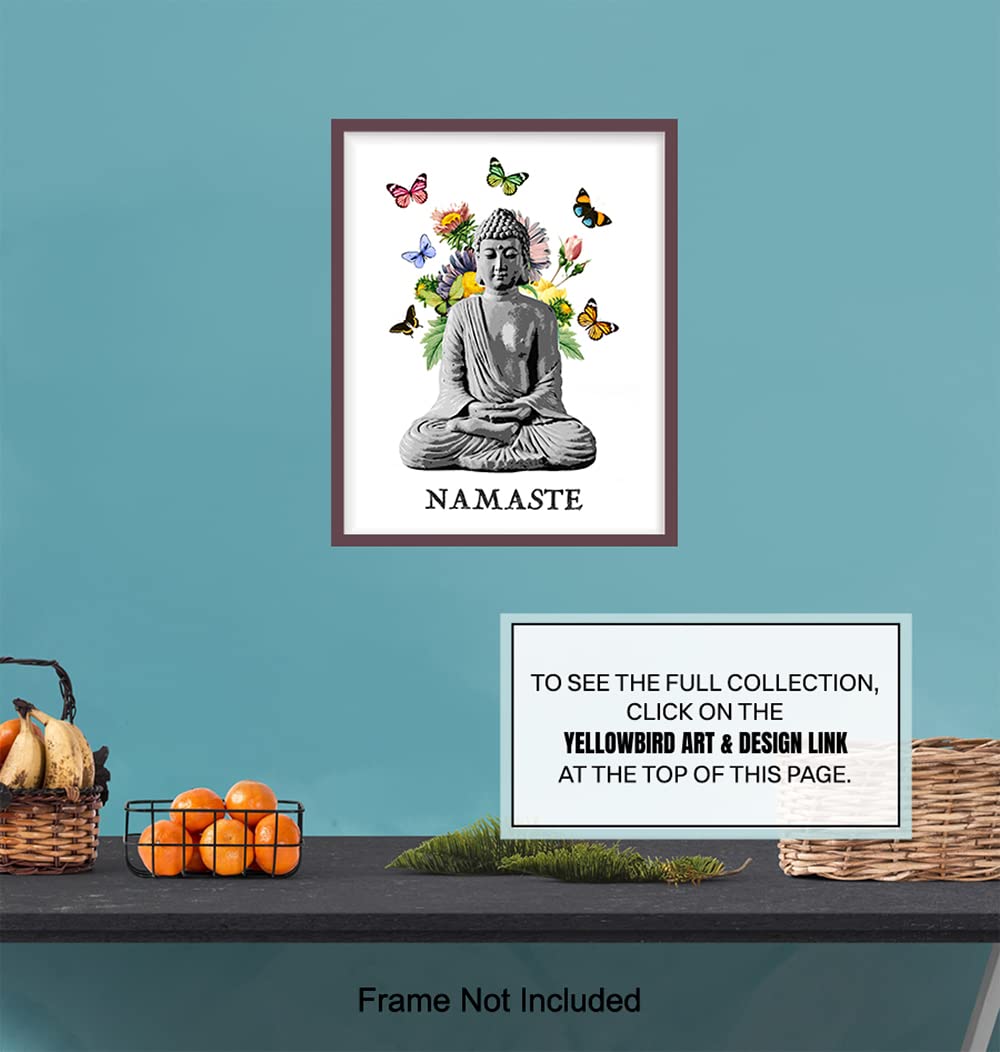 Namaste Buddhism Buddha Statue Wall Art Print - 8x10 Photo, Home Decor, Meditation Room, Spa or Yoga Studio Decoration - Boho Zen New Age Gift - Unframed Butterfly Poster Picture