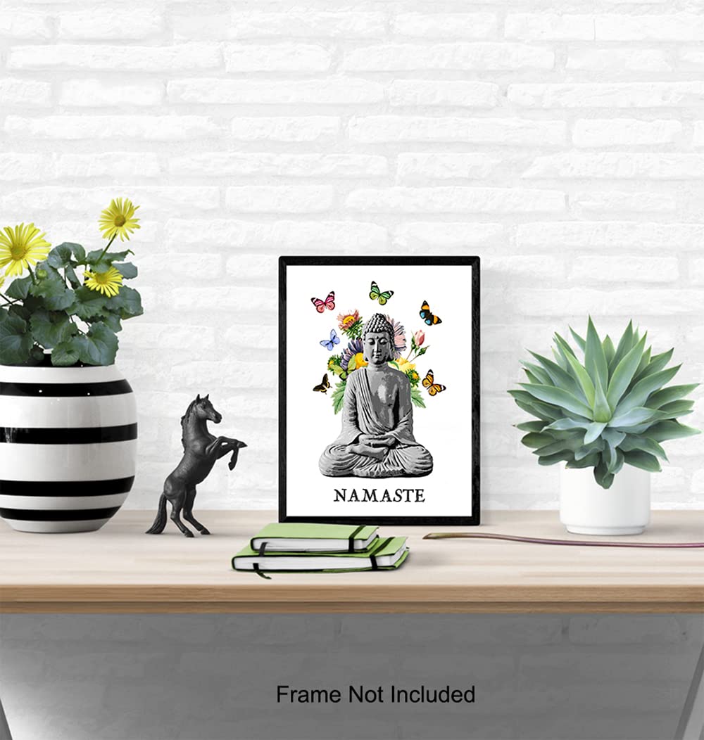 Namaste Buddhism Buddha Statue Wall Art Print - 8x10 Photo, Home Decor, Meditation Room, Spa or Yoga Studio Decoration - Boho Zen New Age Gift - Unframed Butterfly Poster Picture