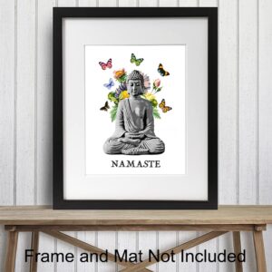 Namaste Buddhism Buddha Statue Wall Art Print - 8x10 Photo, Home Decor, Meditation Room, Spa or Yoga Studio Decoration - Boho Zen New Age Gift - Unframed Butterfly Poster Picture