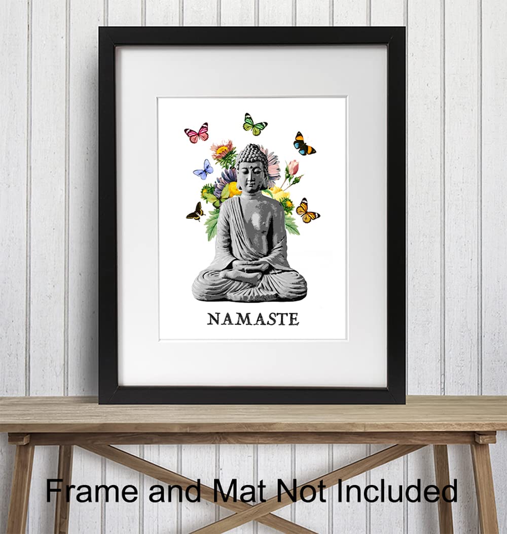 Namaste Buddhism Buddha Statue Wall Art Print - 8x10 Photo, Home Decor, Meditation Room, Spa or Yoga Studio Decoration - Boho Zen New Age Gift - Unframed Butterfly Poster Picture