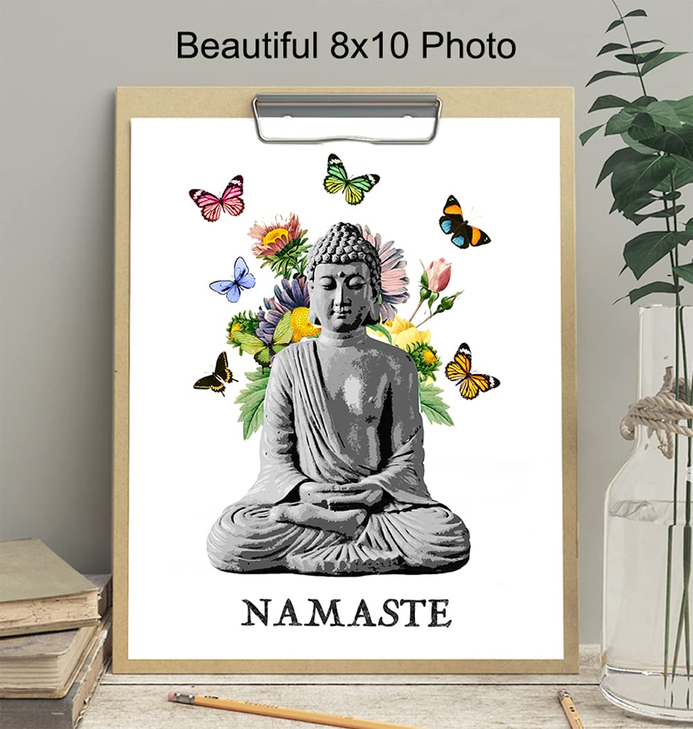 Namaste Buddhism Buddha Statue Wall Art Print - 8x10 Photo, Home Decor, Meditation Room, Spa or Yoga Studio Decoration - Boho Zen New Age Gift - Unframed Butterfly Poster Picture