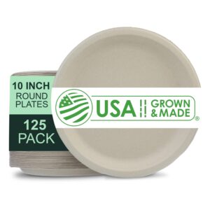 tellus products, eco-friendly (125-count) 10-inch disposable plates - compostable, durable tableware - grown & made in the usa - no pfas added (natural color)