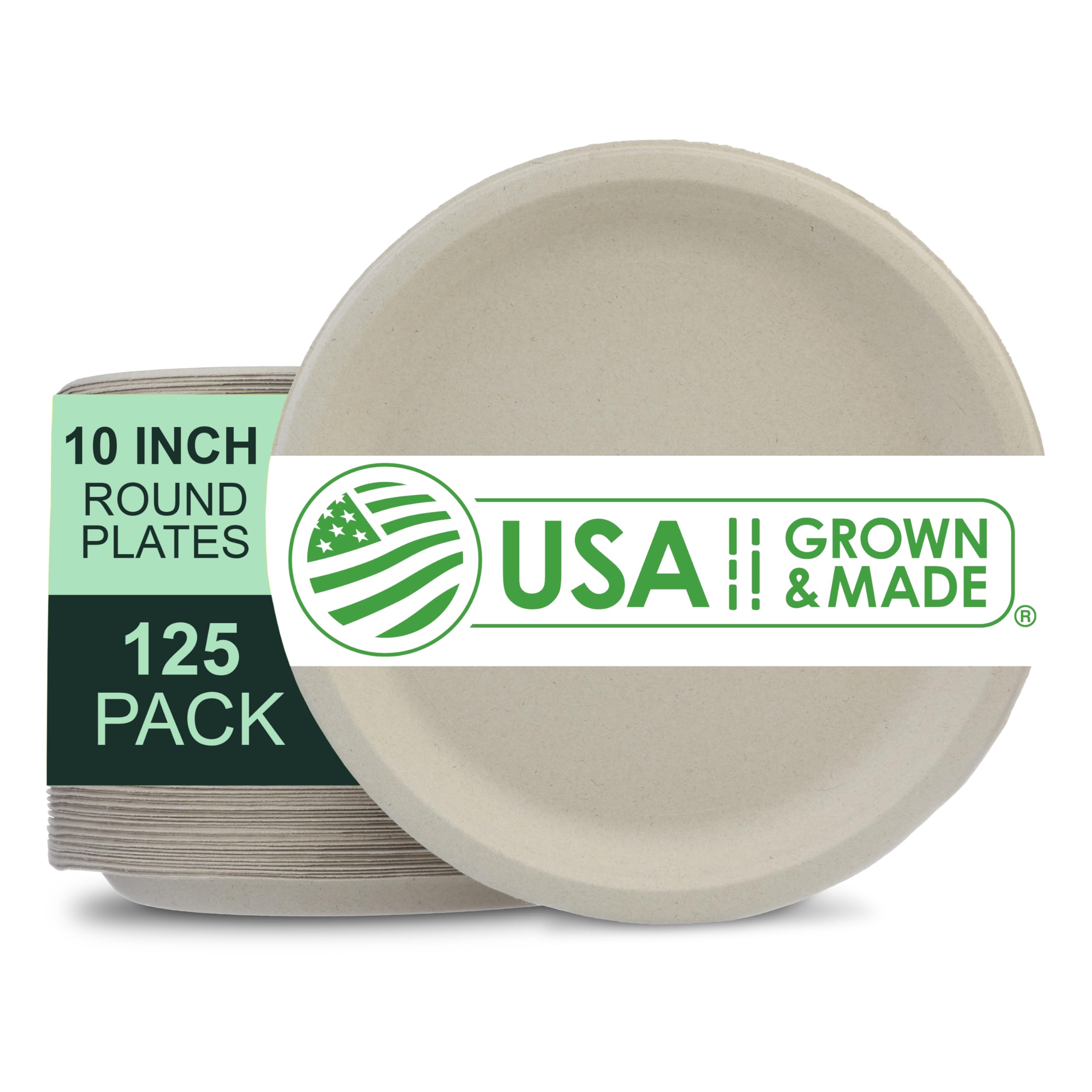 Tellus Products, Eco-Friendly (125-Count) 10-Inch Disposable Plates - Compostable, Durable Tableware - Grown & Made in the USA - No PFAS Added (Natural Color)