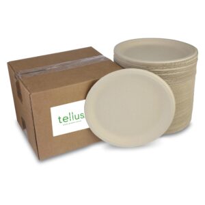 Tellus Products, Eco-Friendly (125-Count) 10-Inch Disposable Plates - Compostable, Durable Tableware - Grown & Made in the USA - No PFAS Added (Natural Color)