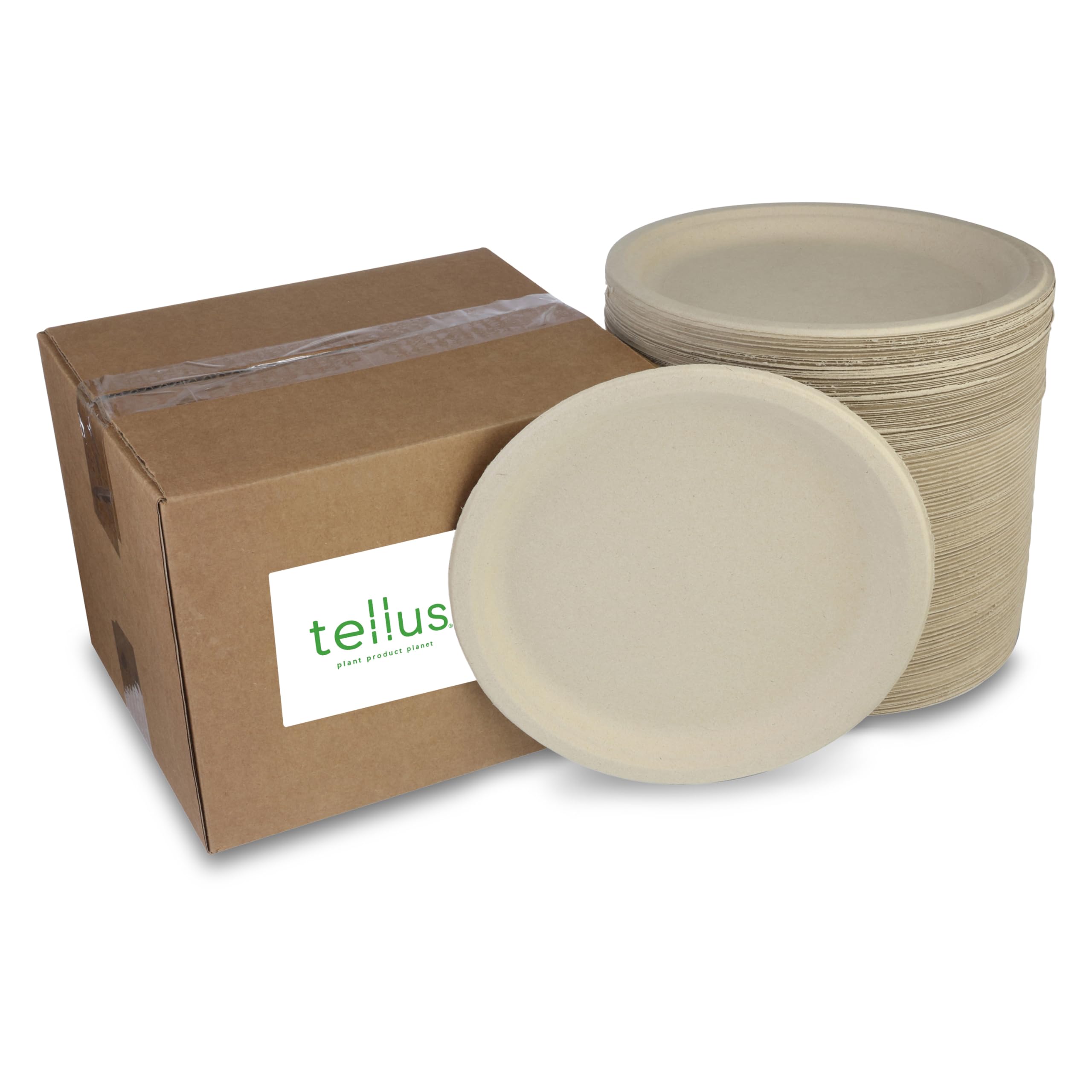 Tellus Products, Eco-Friendly (125-Count) 10-Inch Disposable Plates - Compostable, Durable Tableware - Grown & Made in the USA - No PFAS Added (Natural Color)