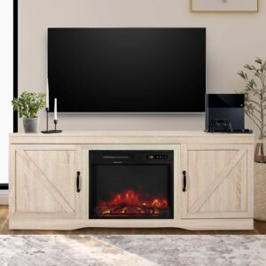 enstver fireplace tv stand with barn door,wood media entertainment console for living room (white oak)