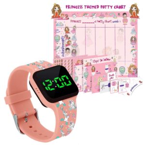 athena futures potty training timer watch with flashing lights and music tones unicorn pattern and potty training chart for toddlers - princess design - sticker chart, 4 week reward chart