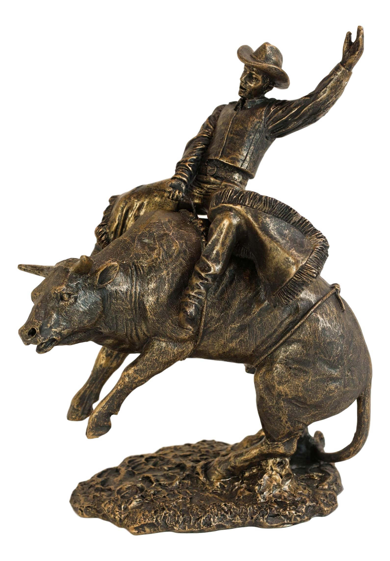 Ebros Rustic Western Rodeo Bull Rider Cowboy On Rearing Angry Bull Statue 10" Tall Faux Bronze Resin Old World Wild West Cattle Bull Riding Cowboys Themed Accent Figurine