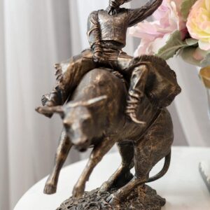 Ebros Rustic Western Rodeo Bull Rider Cowboy On Rearing Angry Bull Statue 10" Tall Faux Bronze Resin Old World Wild West Cattle Bull Riding Cowboys Themed Accent Figurine