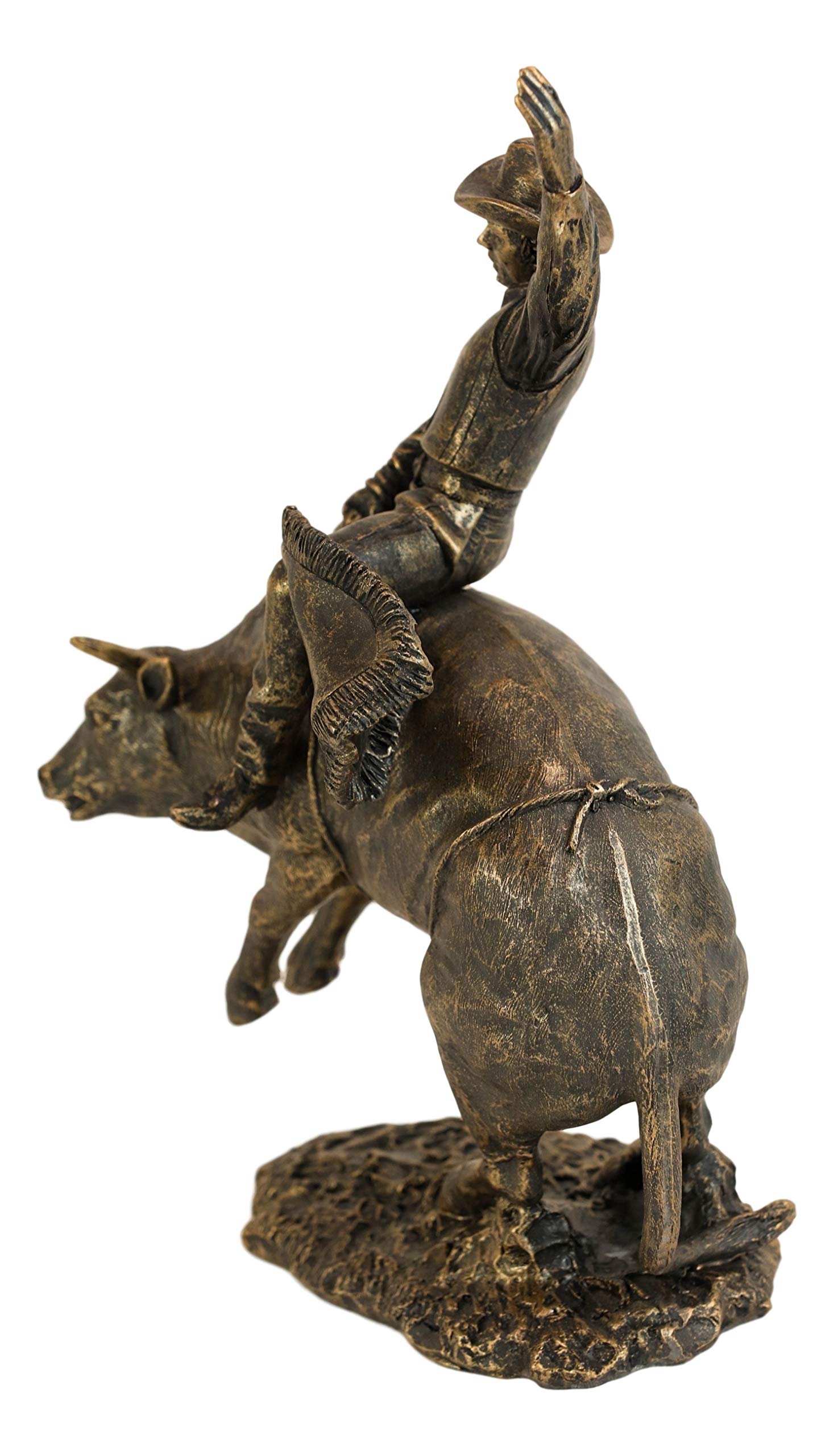 Ebros Rustic Western Rodeo Bull Rider Cowboy On Rearing Angry Bull Statue 10" Tall Faux Bronze Resin Old World Wild West Cattle Bull Riding Cowboys Themed Accent Figurine