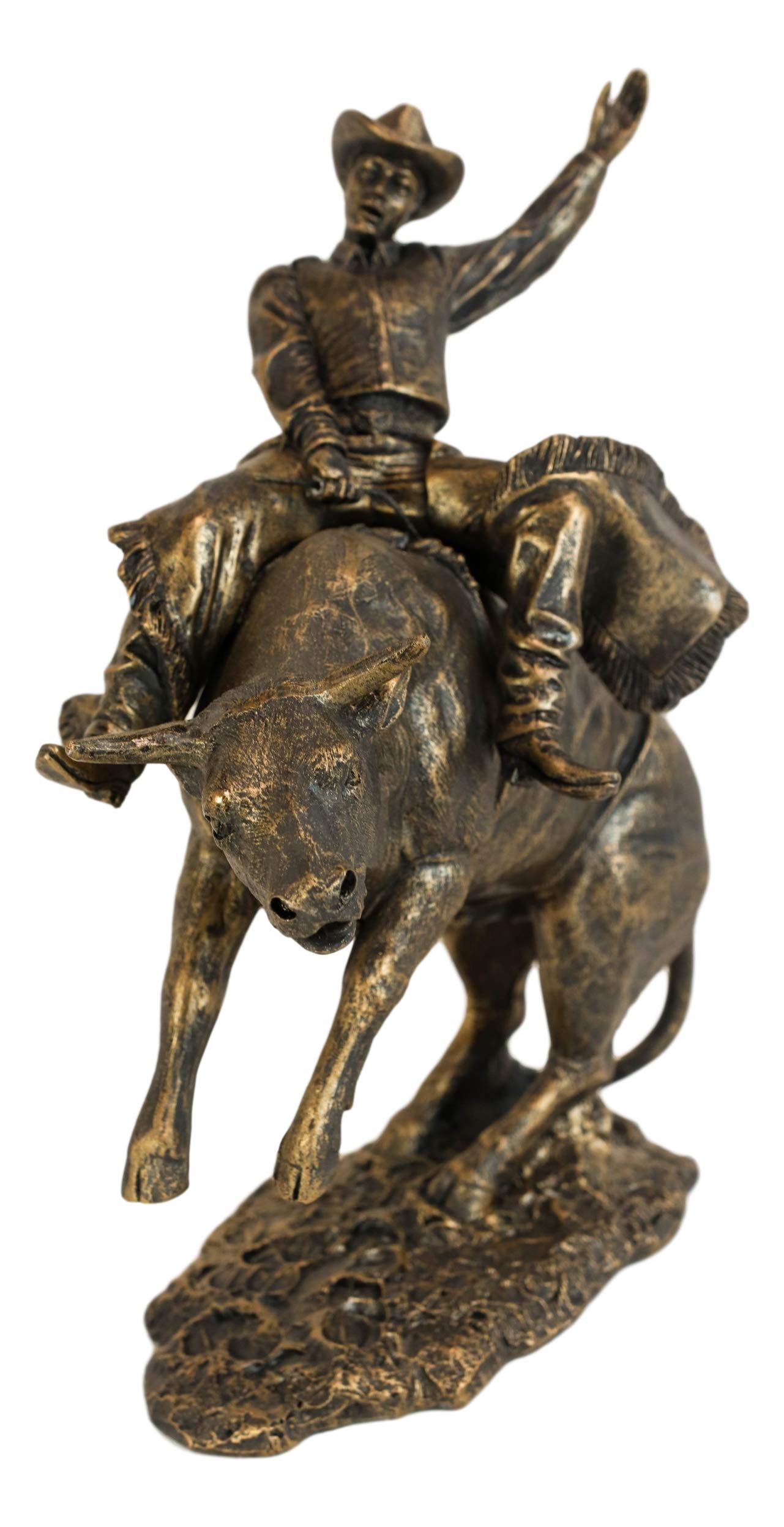 Ebros Rustic Western Rodeo Bull Rider Cowboy On Rearing Angry Bull Statue 10" Tall Faux Bronze Resin Old World Wild West Cattle Bull Riding Cowboys Themed Accent Figurine