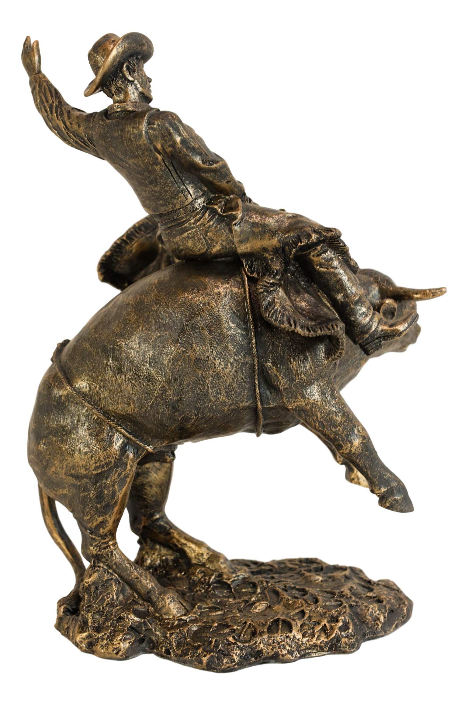 Ebros Rustic Western Rodeo Bull Rider Cowboy On Rearing Angry Bull Statue 10" Tall Faux Bronze Resin Old World Wild West Cattle Bull Riding Cowboys Themed Accent Figurine