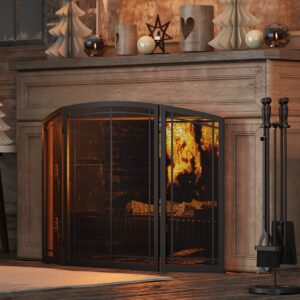 FireBeauty Fireplace Screen 3 Panel Wrought Iron Black Metal 48"(L) x30(H) Spark Guard Cover (Modern)