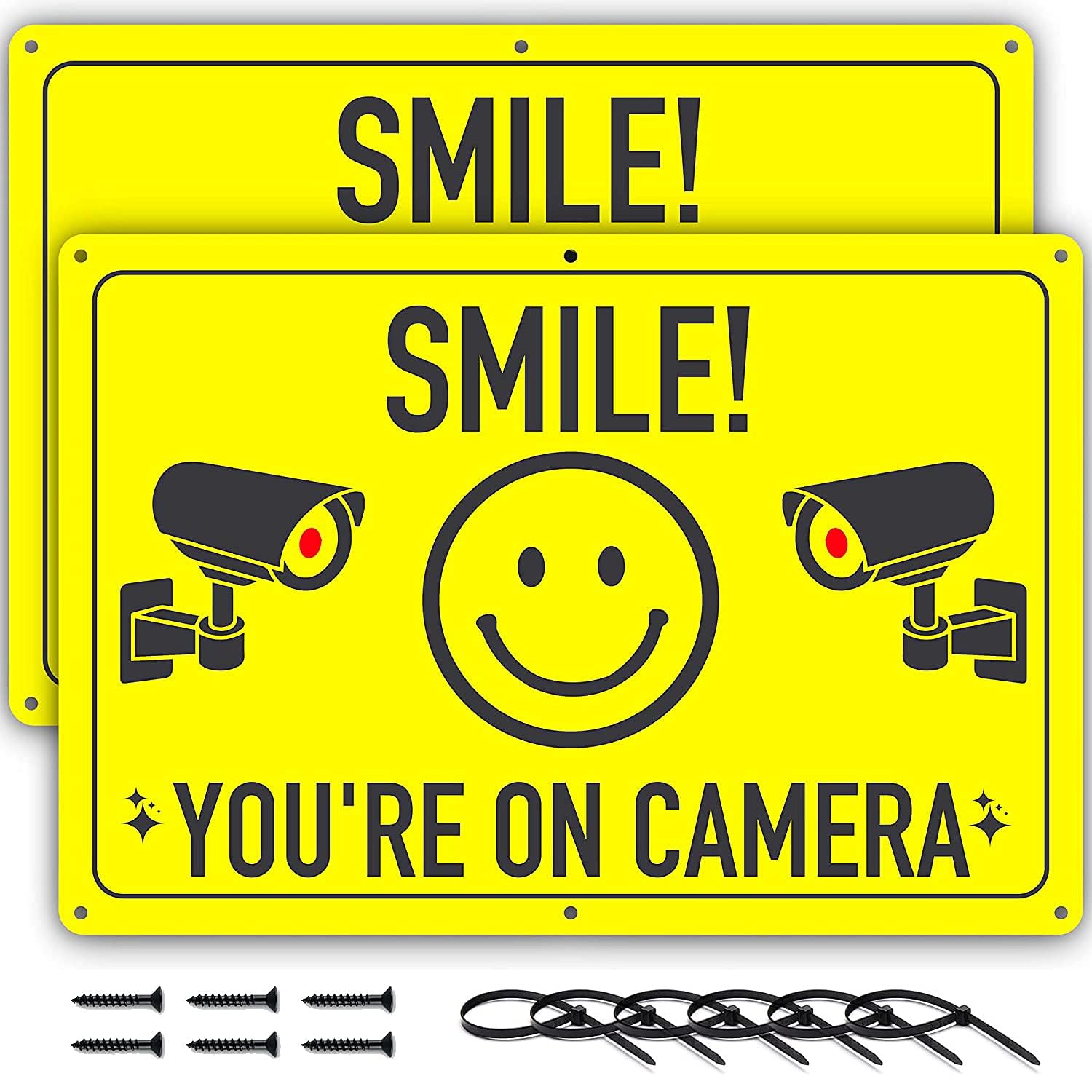 ASSURED SIGNS Smile You're On Camera Sign - 11.75 X 8 Inch - 2 Pack - Ideal Aluminum Video Surveillance Security Signs to Prevent Trespassing on Private Property - Perfect for House, Business, Yard or Private Driveway