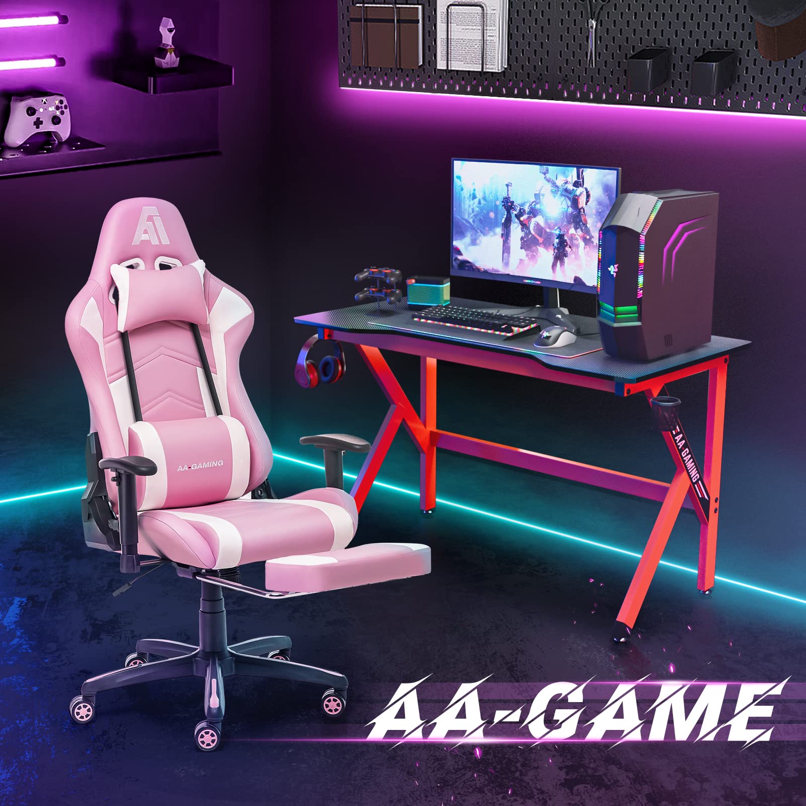 AA Products Gaming Chair Ergonomic High Back Computer Racing Chair Adjustable Office Chair with Footrest, Lumbar Support Swivel Chair - WhitePink