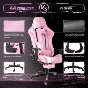 AA Products Gaming Chair Ergonomic High Back Computer Racing Chair Adjustable Office Chair with Footrest, Lumbar Support Swivel Chair - WhitePink