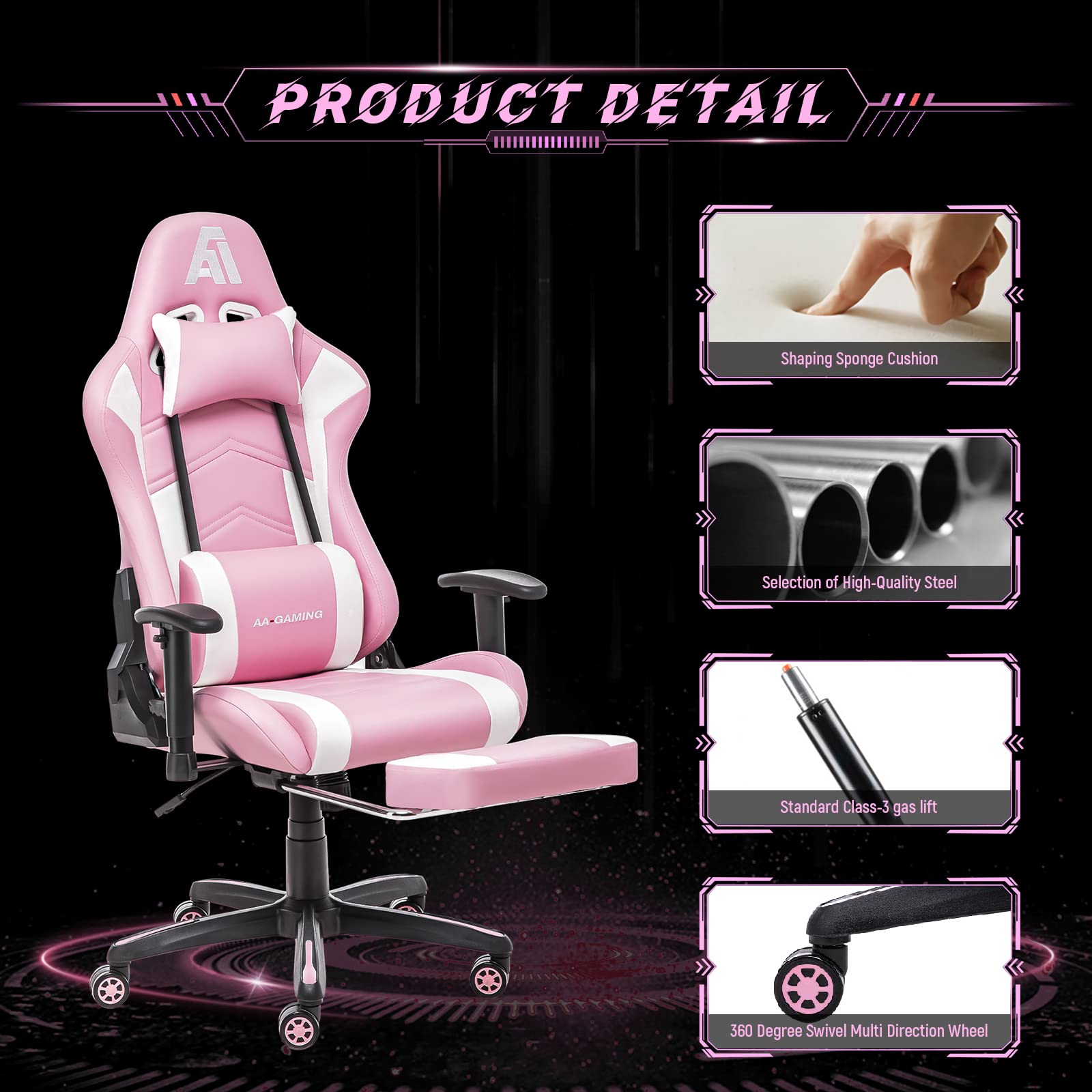 AA Products Gaming Chair Ergonomic High Back Computer Racing Chair Adjustable Office Chair with Footrest, Lumbar Support Swivel Chair - WhitePink