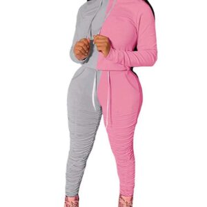 Elosele Women Workout 2 Piece Set - Long Sleeve Colorblock Pullover Sweatshit Drawstring Ruched Jogger Pants Tracksuit Sportswear Set A-Grey&Pink XL