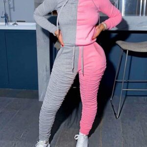 Elosele Women Workout 2 Piece Set - Long Sleeve Colorblock Pullover Sweatshit Drawstring Ruched Jogger Pants Tracksuit Sportswear Set A-Grey&Pink XL