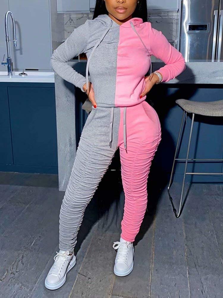 Elosele Women Workout 2 Piece Set - Long Sleeve Colorblock Pullover Sweatshit Drawstring Ruched Jogger Pants Tracksuit Sportswear Set A-Grey&Pink XL