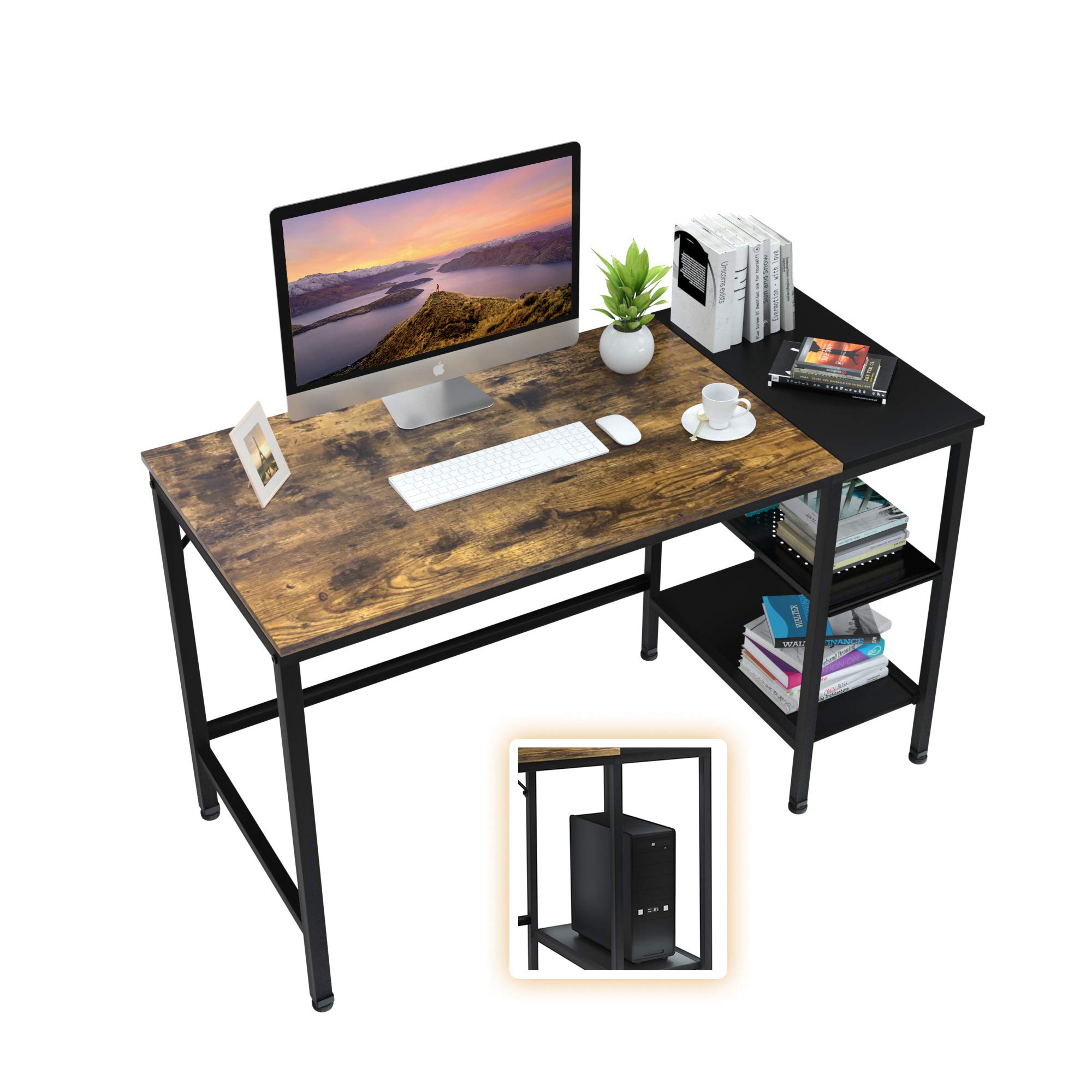 Computer Desk with Storage Shelves, 47” Home Office Writing Study Laptop Table with Grid Drawer and Splice Board, Modern Industrial Style, Wood and Metal Frame