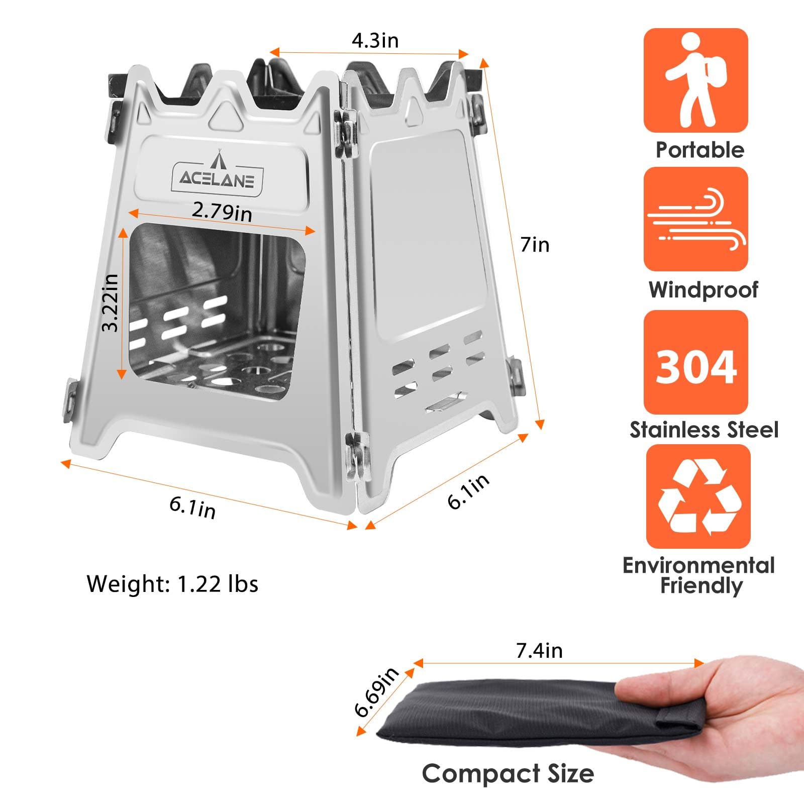 Acelane Camping Stove Stainless Steel Wood Burning Stove Camping Backpacking Stove Folding Portable Wood Stove for Picnic BBQ Camp Hiking Hunting Traveling Survival Emergency Preparedness