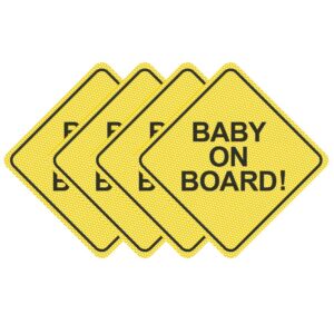 baby on board sticker for cars (4 pcs) 5" by 5". baby on board sign decal.see-through when reversing and bright yellow no need for suction cup or magnets - strong adhesive